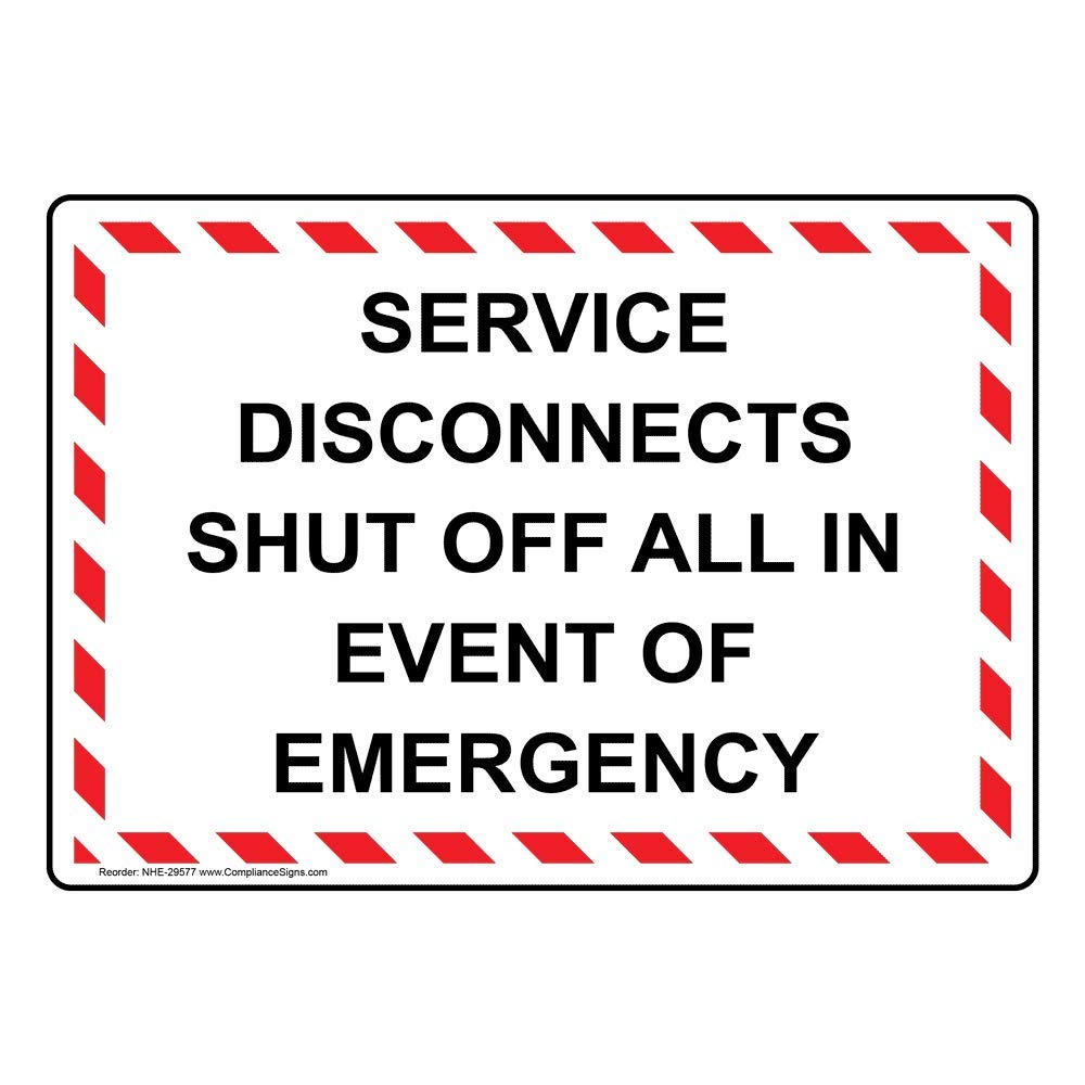 ComplianceSigns.com Service Disconnects Shut Off All in Event of Emergency Label Decal, 5x3.5 in. 4-Pack Vinyl for Electrical Emergency Response