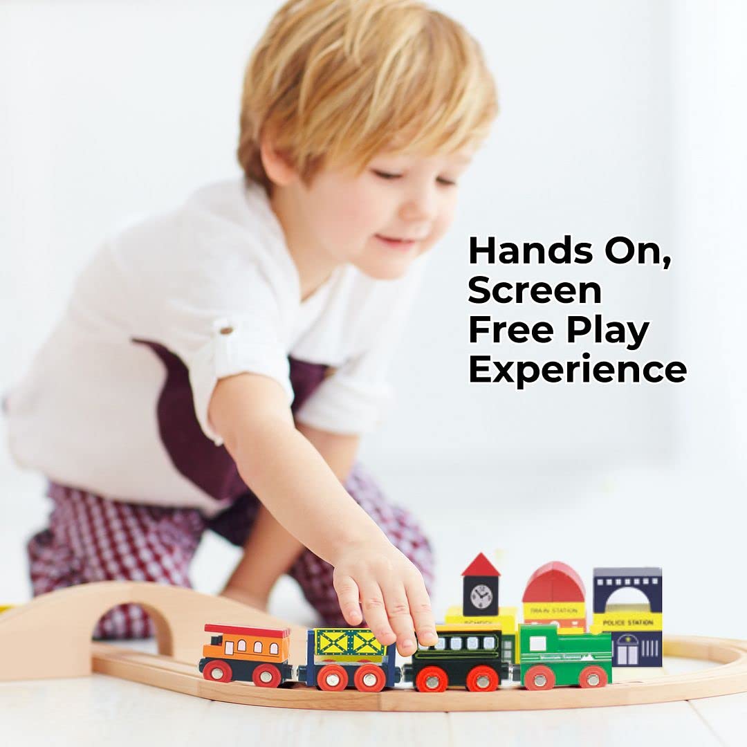 On Track USA Wooden Train Set 100 Piece All in One Wooden Toy Train Tracks Set with Magnetic Trains and Railway Accessories, Comes in A Clear Container, Compatible with All Major Brands