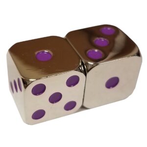 azty solutions pack of 2 metal polyhedral 15mm 6 sided dice with purple spots in snow organza bag