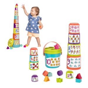 battat – nesting sorter set – 19pc stacking bucket sort set – 10 cups & 8 shapes – educational & dexterity toys – 18 months + – sort & stack