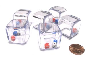 set of 6 '3 in a cube' dice - 5mm red white and blue tiny dice inside 25mm cube by koplow games