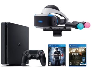 playstation vr bundle 5 items:vr headset,playstation camera,playstation move motion controllers,playstation 4 slim 500gb console - uncharted 4,vr game disc resident evil 7:biohazard