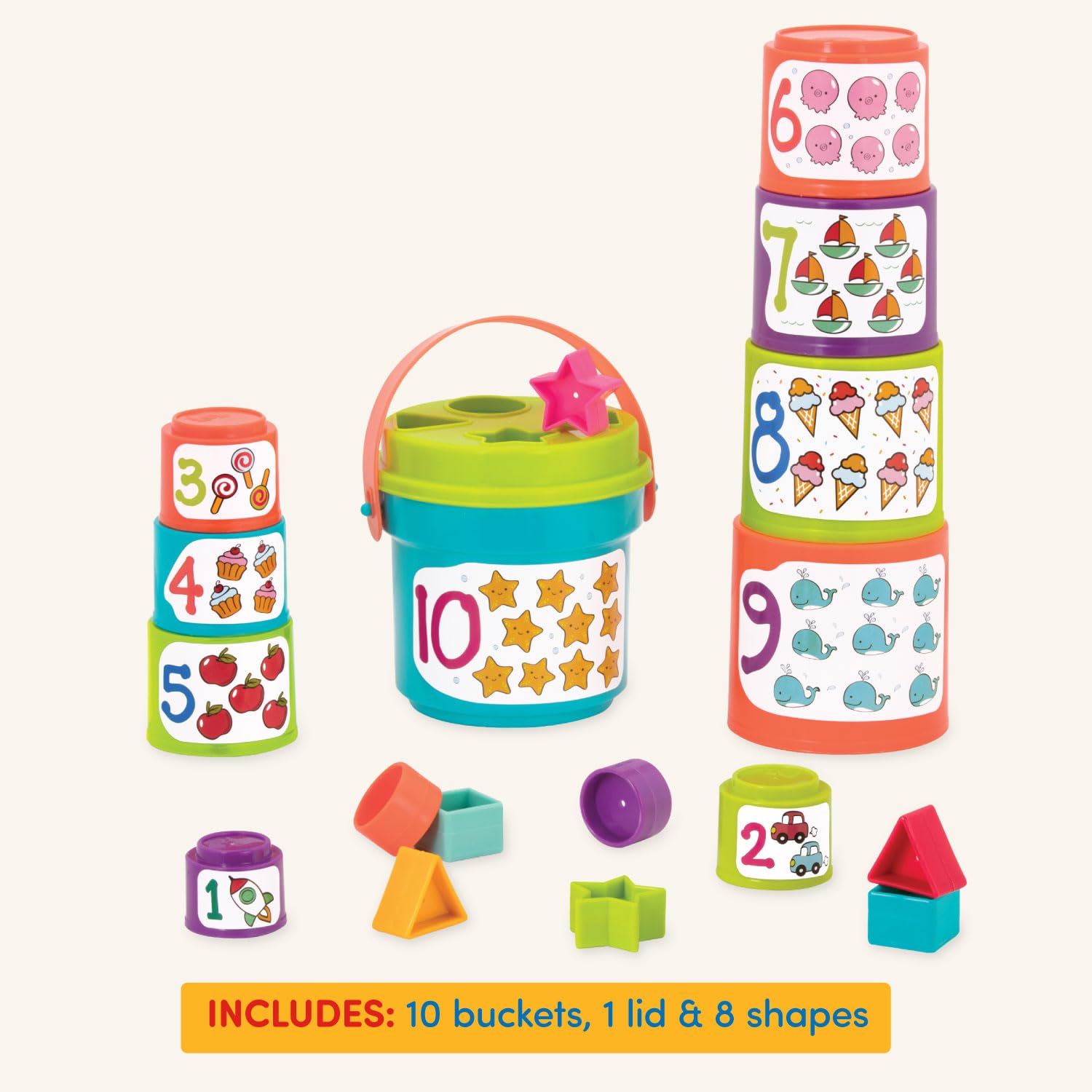 Battat – Nesting Sorter Set – 19Pc Stacking Bucket Sort Set – 10 Cups & 8 Shapes – Educational & Dexterity Toys – 18 Months + – Sort & Stack