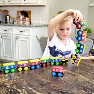 On Track USA Wooden Train Set ABC Magnetic Trains for Toddlers 12 Pieces, Compatible with All Train Track Accessory Sets, Alphabet and Numbers Toy Trains for Boys and Girls