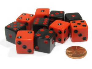 set of 10 six sided square opaque 16mm d6 dice - inverse black and red by koplow games