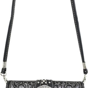 Justin West Laser Cut Rhinestone Silver Buckle Studded Cross Shape Design Wristlet Trifold Wallet Attachable Long Strap (Black Silver)