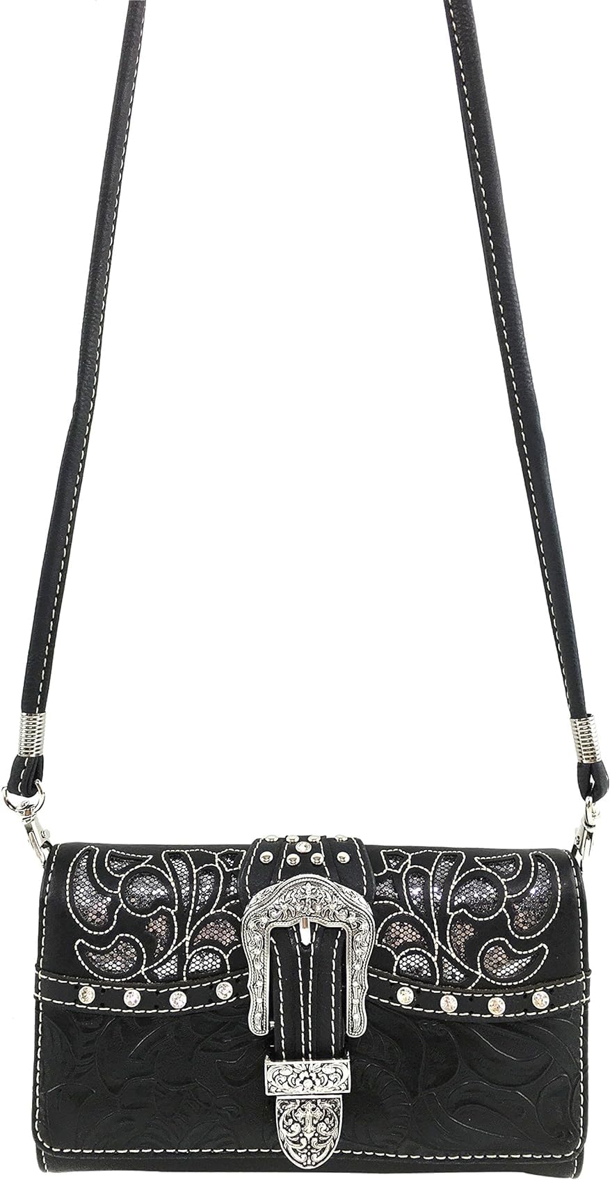 Justin West Laser Cut Rhinestone Silver Buckle Studded Cross Shape Design Wristlet Trifold Wallet Attachable Long Strap (Black Silver)