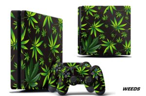 247 skins graphics kit sticker decal compatible with ps4 playstation 4 slim and dualshock controllers - weed black