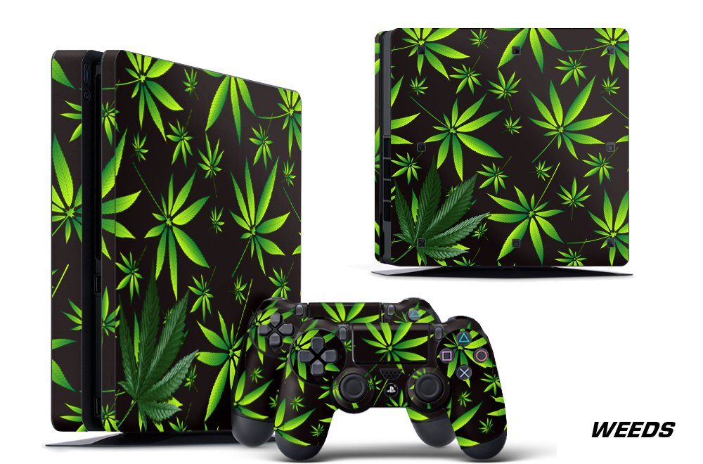 247 Skins Graphics kit Sticker Decal Compatible with PS4 PlayStation 4 SLIM and Dualshock Controllers - Weed Black