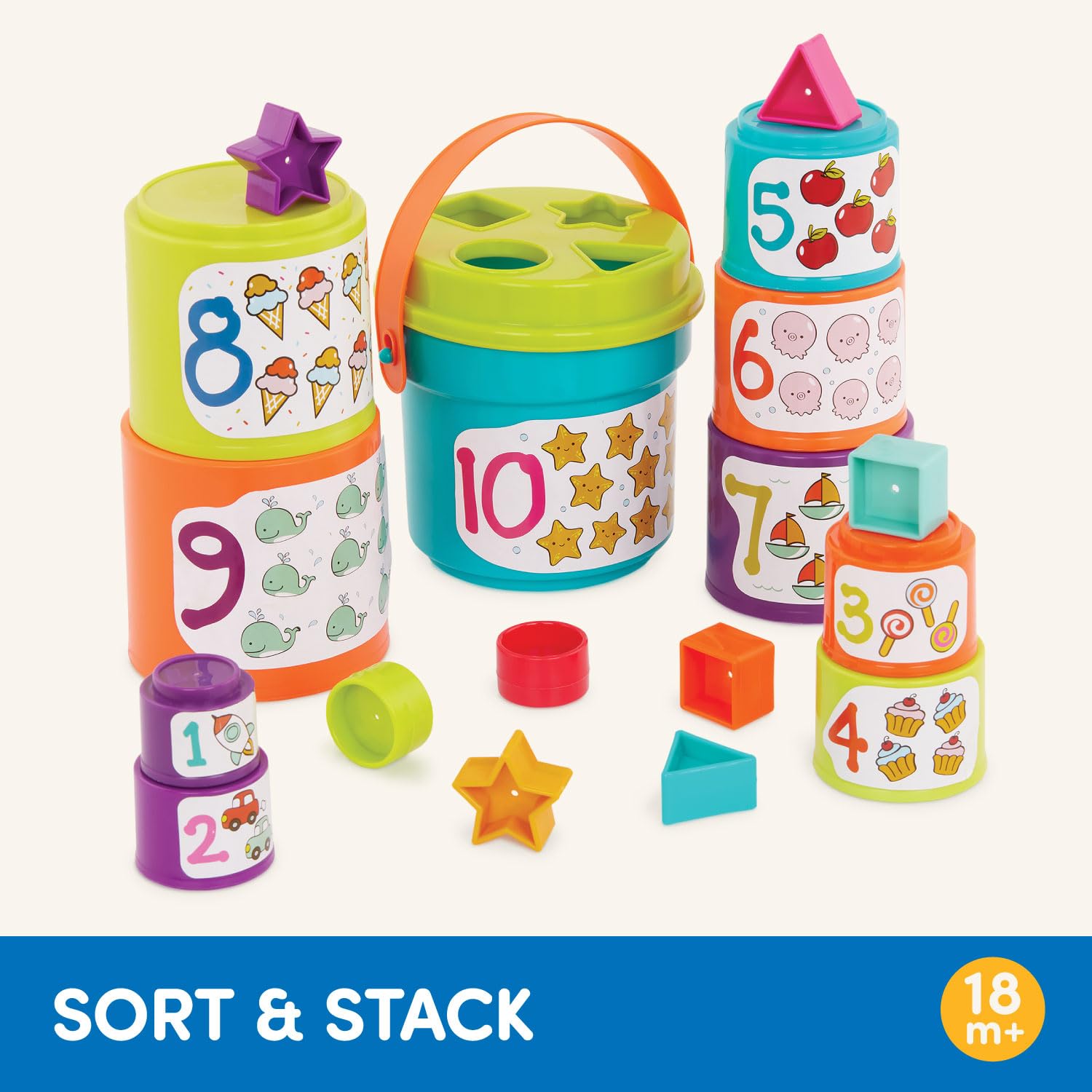 Battat – Nesting Sorter Set – 19Pc Stacking Bucket Sort Set – 10 Cups & 8 Shapes – Educational & Dexterity Toys – 18 Months + – Sort & Stack