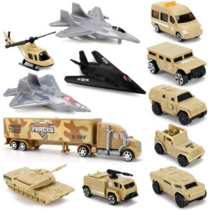 12 PCS Military Plastic Army Men Vehicles Toy Playset - Includes Stealth Bomber, Tanks, Helicopter, Fighter Jets and More for Kids, Boys