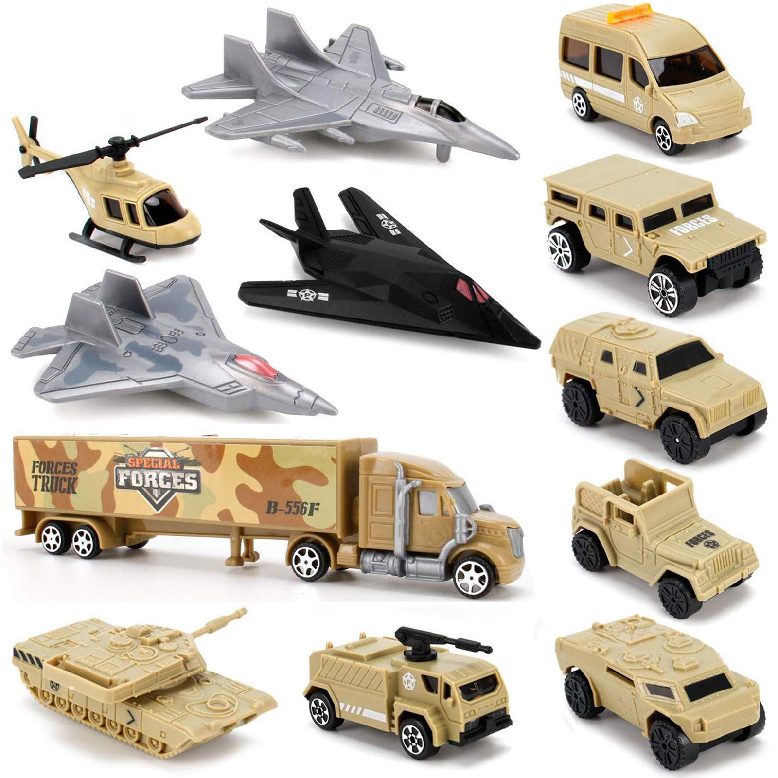 12 PCS Military Plastic Army Men Vehicles Toy Playset - Includes Stealth Bomber, Tanks, Helicopter, Fighter Jets and More for Kids, Boys