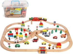 on track usa wooden train set 100 piece all in one wooden toy train tracks set with magnetic trains and railway accessories, comes in a clear container, compatible with all major brands