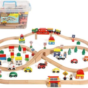 On Track USA Wooden Train Set 100 Piece All in One Wooden Toy Train Tracks Set with Magnetic Trains and Railway Accessories, Comes in A Clear Container, Compatible with All Major Brands