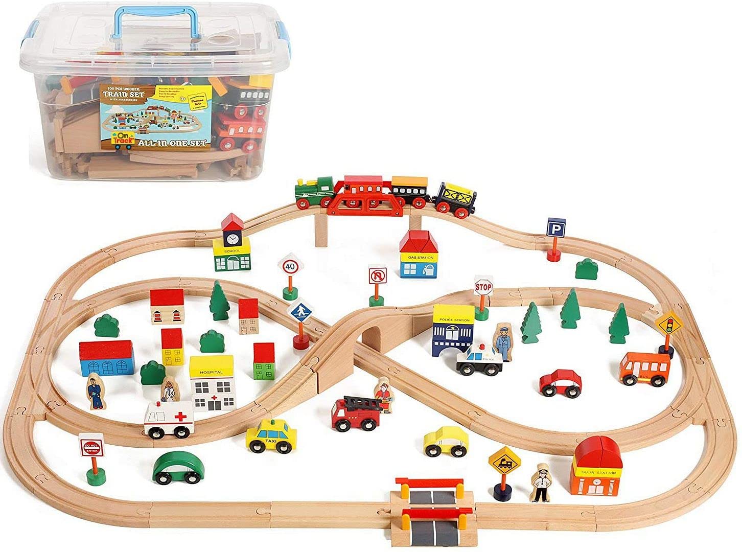 On Track USA Wooden Train Set 100 Piece All in One Wooden Toy Train Tracks Set with Magnetic Trains and Railway Accessories, Comes in A Clear Container, Compatible with All Major Brands