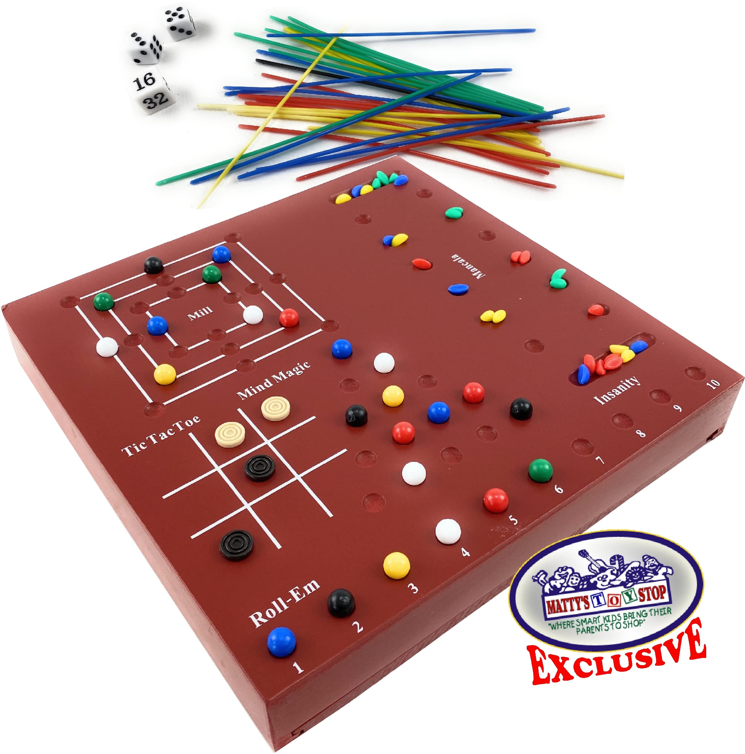 Matty's Toy Stop Exclusive Deluxe 10-in-1 Chess, Checkers, Tic Tac Toe, Backgammon, Mill, Roll Em, Insanity, Chinese Checkers, Mancala & Pick-Up Sticks Wooden Cabinet Game Set