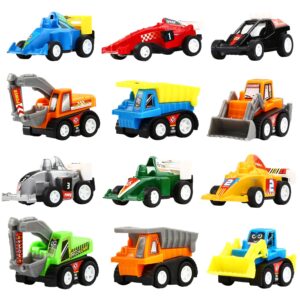 yeonha toys pull back vehicles, 12 pack mini assorted construction vehicles and race car toy, vehicles truck mini car toy for kids toddlers boys child, pull back and go car toy play set