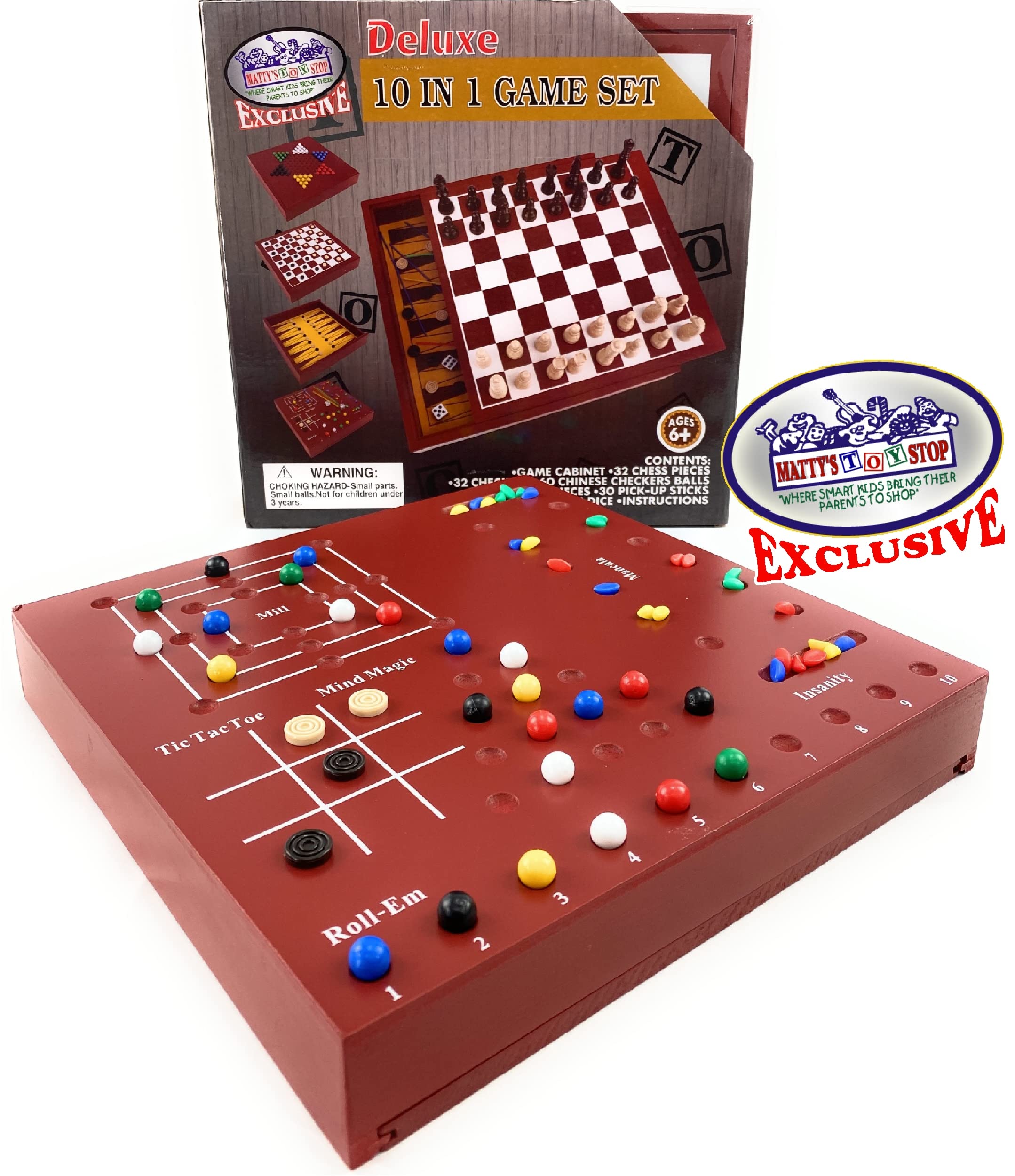 Matty's Toy Stop Exclusive Deluxe 10-in-1 Chess, Checkers, Tic Tac Toe, Backgammon, Mill, Roll Em, Insanity, Chinese Checkers, Mancala & Pick-Up Sticks Wooden Cabinet Game Set