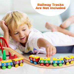 On Track USA Wooden Train Set ABC Magnetic Trains for Toddlers 12 Pieces, Compatible with All Train Track Accessory Sets, Alphabet and Numbers Toy Trains for Boys and Girls