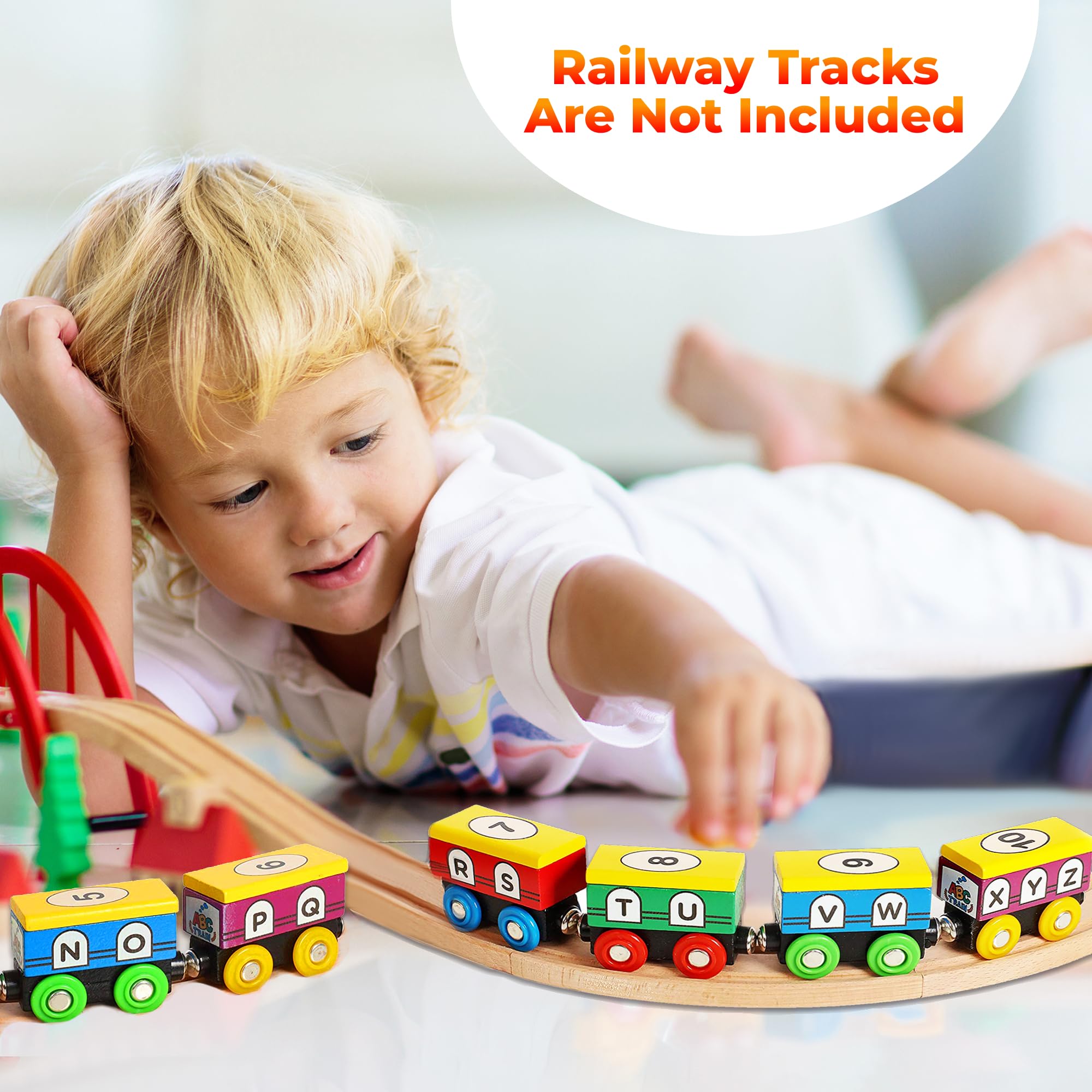 On Track USA Wooden Train Set ABC Magnetic Trains for Toddlers 12 Pieces, Compatible with All Train Track Accessory Sets, Alphabet and Numbers Toy Trains for Boys and Girls