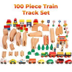 On Track USA Wooden Train Set 100 Piece All in One Wooden Toy Train Tracks Set with Magnetic Trains and Railway Accessories, Comes in A Clear Container, Compatible with All Major Brands