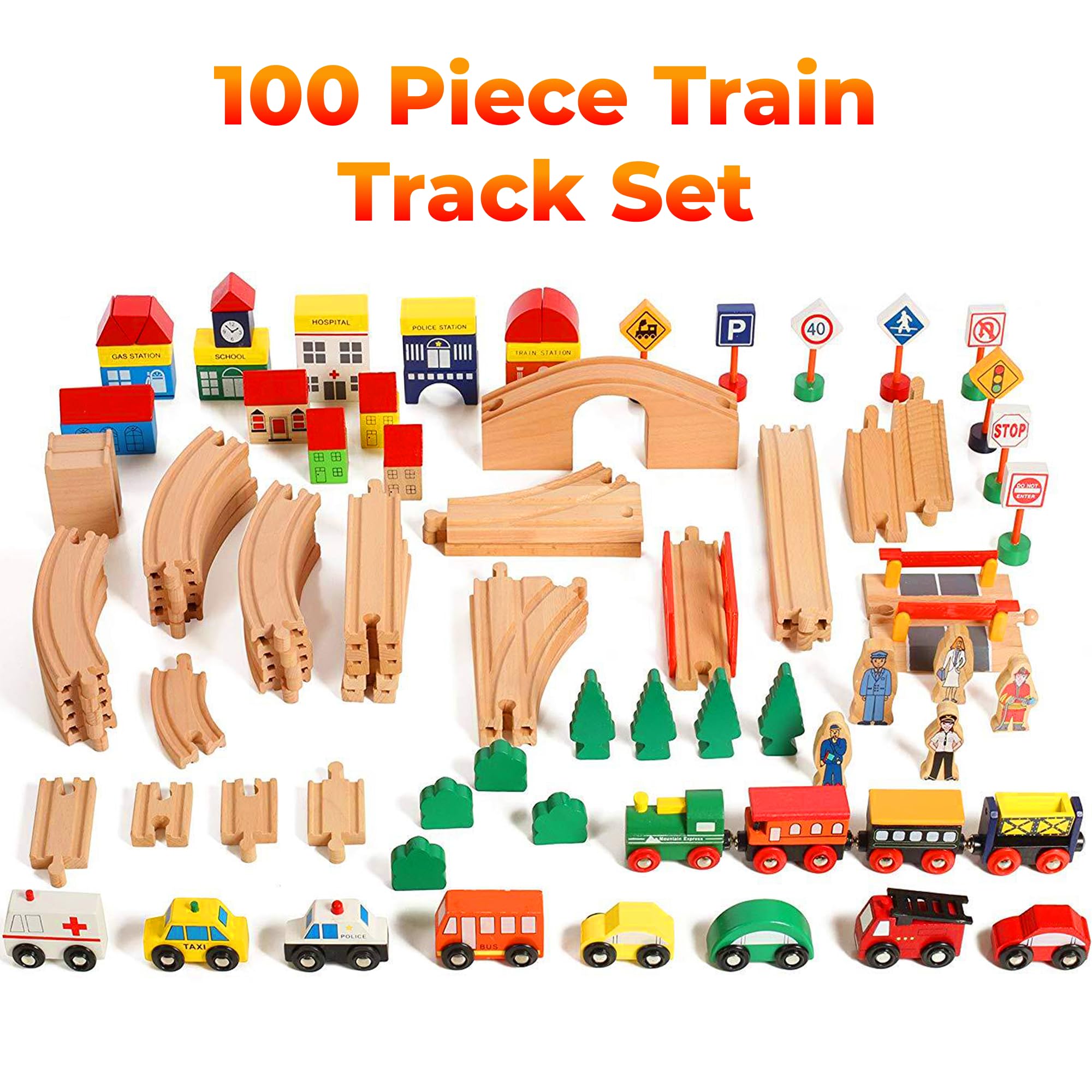 On Track USA Wooden Train Set 100 Piece All in One Wooden Toy Train Tracks Set with Magnetic Trains and Railway Accessories, Comes in A Clear Container, Compatible with All Major Brands