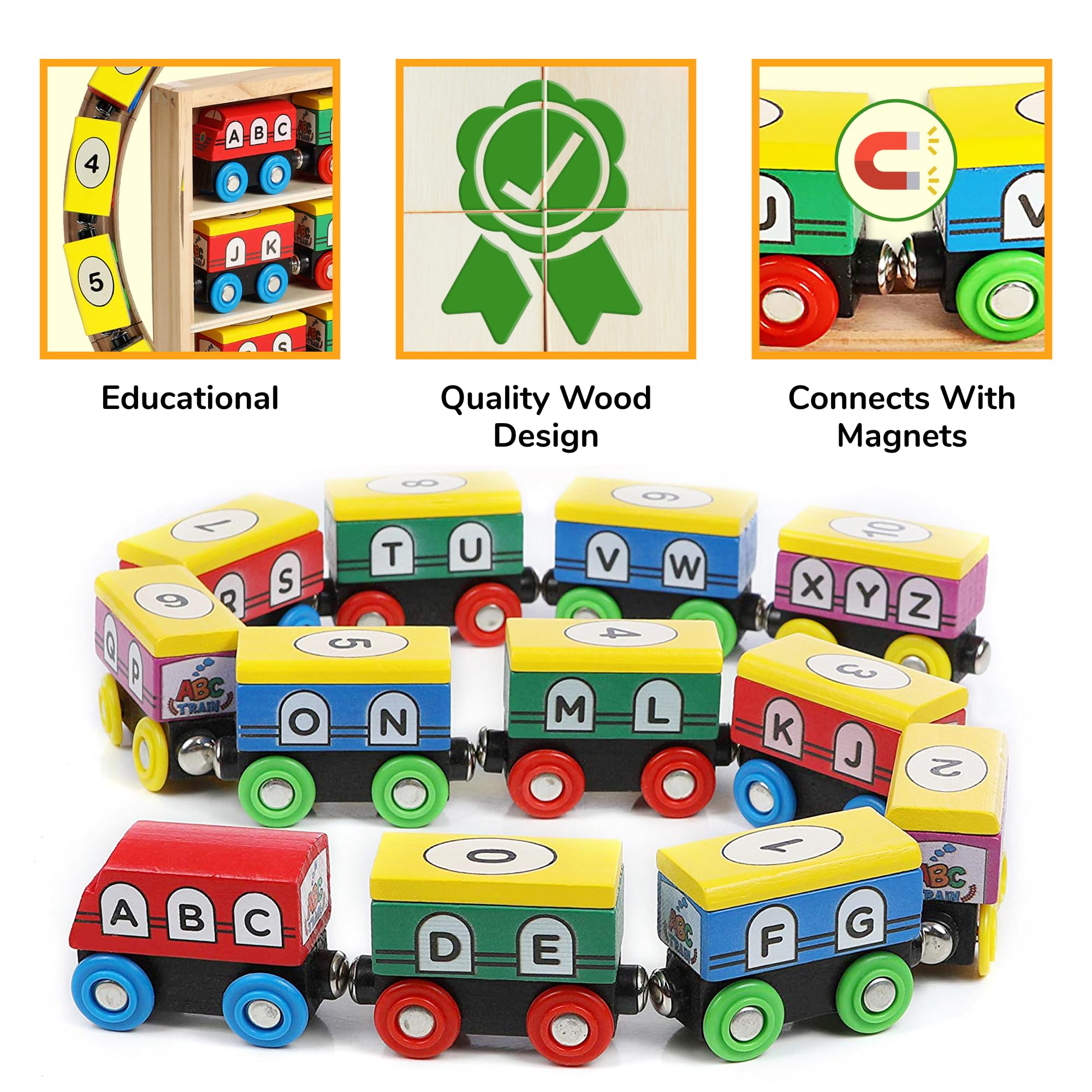 On Track USA Wooden Train Set ABC Magnetic Trains for Toddlers 12 Pieces, Compatible with All Train Track Accessory Sets, Alphabet and Numbers Toy Trains for Boys and Girls