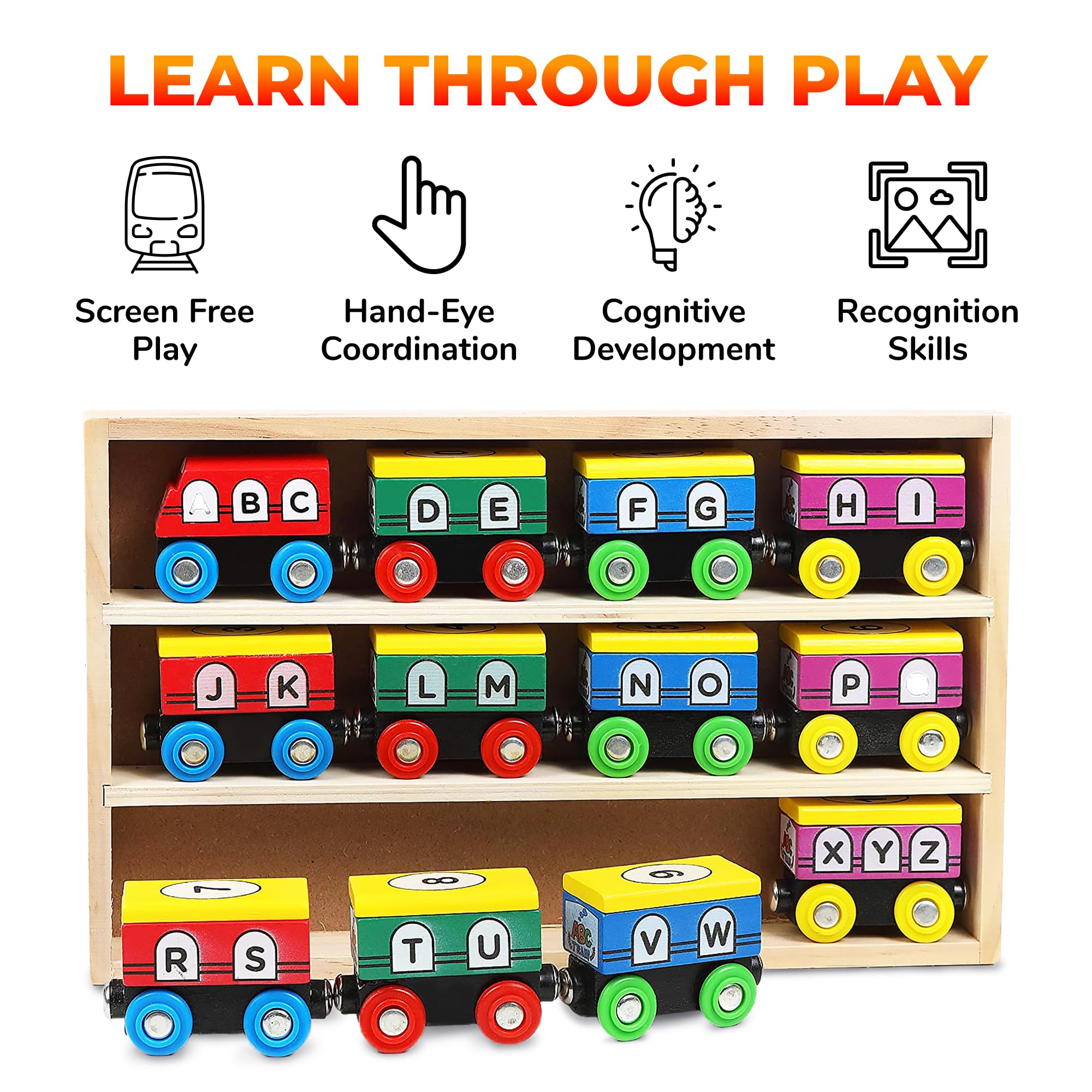 On Track USA Wooden Train Set ABC Magnetic Trains for Toddlers 12 Pieces, Compatible with All Train Track Accessory Sets, Alphabet and Numbers Toy Trains for Boys and Girls