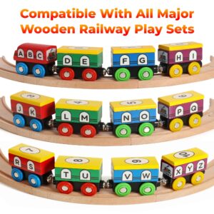 On Track USA Wooden Train Set ABC Magnetic Trains for Toddlers 12 Pieces, Compatible with All Train Track Accessory Sets, Alphabet and Numbers Toy Trains for Boys and Girls