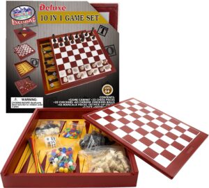 matty's toy stop exclusive deluxe 10-in-1 chess, checkers, tic tac toe, backgammon, mill, roll em, insanity, chinese checkers, mancala & pick-up sticks wooden cabinet game set