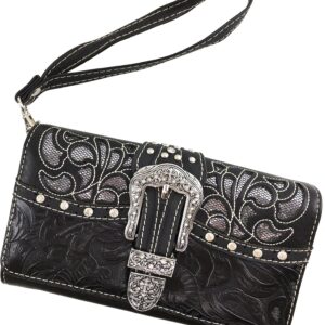 Justin West Laser Cut Rhinestone Silver Buckle Studded Cross Shape Design Wristlet Trifold Wallet Attachable Long Strap (Black Silver)