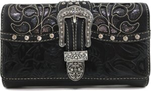 justin west laser cut rhinestone silver buckle studded cross shape design wristlet trifold wallet attachable long strap (black silver)