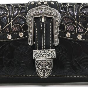 Justin West Laser Cut Rhinestone Silver Buckle Studded Cross Shape Design Wristlet Trifold Wallet Attachable Long Strap (Black Silver)