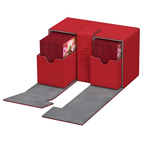 Ultimate Guard Flip 'n' Tray 160+, Deck Case for 160 Double-Sleeved TCG Cards + Dice Tray, Red/Grey, Independent Magnetic Closure & Microfiber Lining