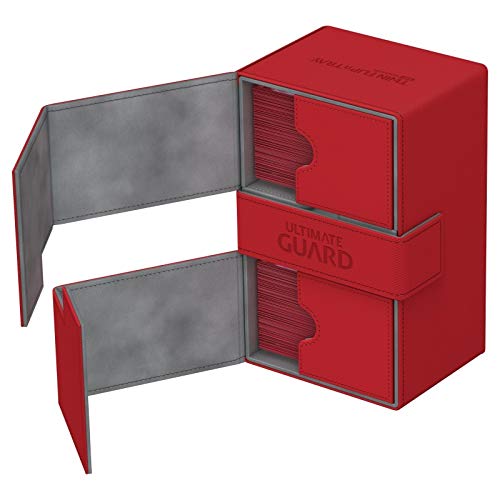 Ultimate Guard Flip 'n' Tray 160+, Deck Case for 160 Double-Sleeved TCG Cards + Dice Tray, Red/Grey, Independent Magnetic Closure & Microfiber Lining