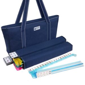 american mah jongg set - 166 premium white tiles, 4 all-in-one rack/pushers, blue canvas bag