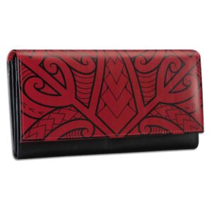 polynesian tattoo leather women’s clutch wallet “ikaika” tattoo art by eugene taase (red) from nakoa