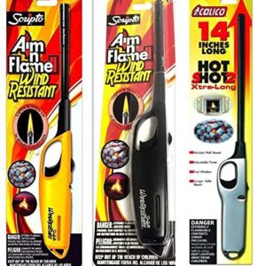 3 pack - 2 pack scripto multi purpose wind resistant lighter (assorted color) + 1 pack calico hot shot 2 xtra long camping grilling home, adjustable flame