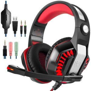 gaming headset with microphone, ikoco gm-2 3.5mm surround stereo over ear headband computer gaming headphone noise isolating volume control led light for ps4 pc xbox one & mobile phone (red)