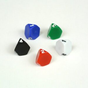 set of unique 4-sided d4 dice in five colors