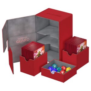 ultimate guard flip 'n' tray 160+, deck case for 160 double-sleeved tcg cards + dice tray, red/grey, independent magnetic closure & microfiber lining