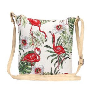 signare tapestry small crossbody bag sling bag for women with pink and green flamingo design (sling-flam)