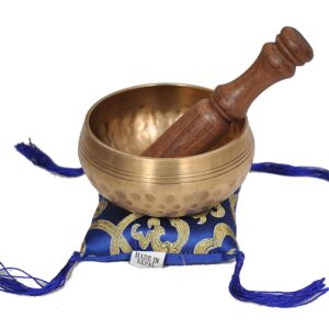 Tibetan Meditation Yoga Singing Bowl Set by Kasthamandap - Hand Hammered in Nepal - Handcrafted Bowl for Relaxing Meditation, Chakra Healing, Yoga and Mindfulness