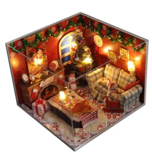 Flever Dollhouse Miniature DIY House Kit Creative Room with Furniture and Glass Cover for Romantic Artwork Gift(Christmas Eve)