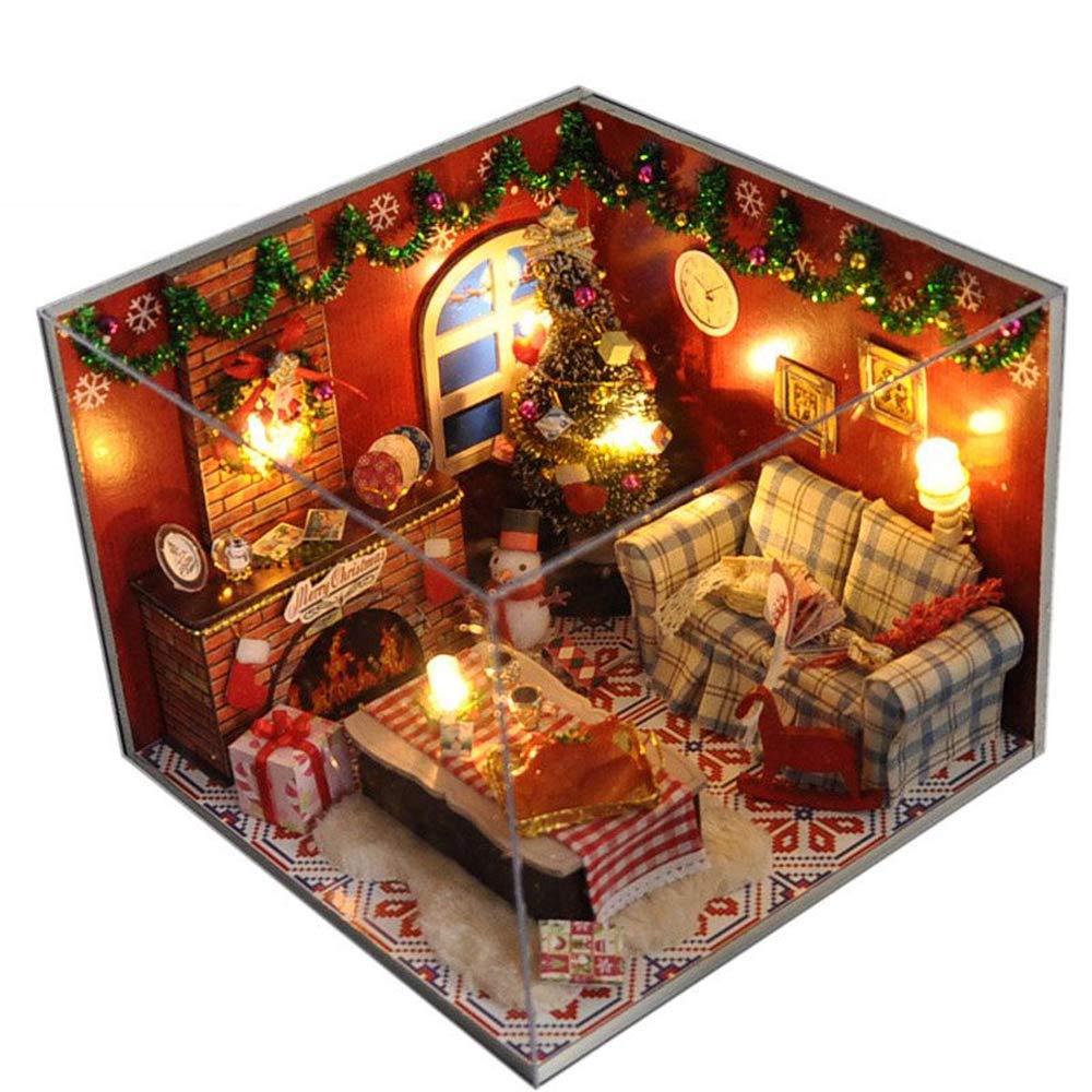 Flever Dollhouse Miniature DIY House Kit Creative Room with Furniture and Glass Cover for Romantic Artwork Gift(Christmas Eve)