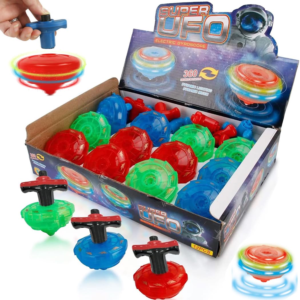 12-Pack Light Up Spinner Tops - UFO Spinning Tops with Gyroscope, LED Flashing Toy Bulk Novelty Party Favors & Fun Stocking Stuffers, Goodie Bag Fillers for Kids