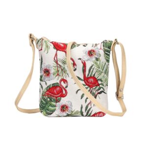 Signare Tapestry Small Crossbody Bag Sling Bag for Women with Pink and Green Flamingo Design (SLING-FLAM)