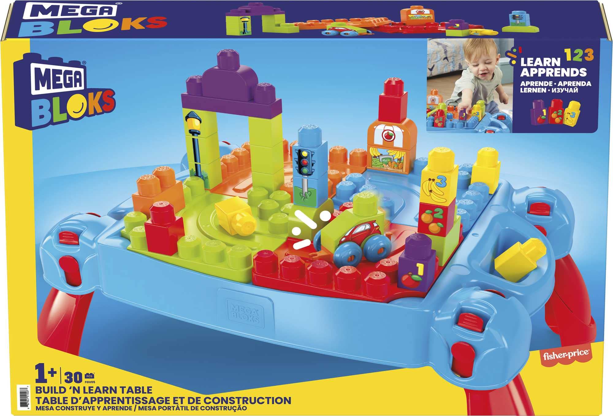 Mega Bloks First Builders Build 'n Learn Table with Big Building Blocks, Building Toys for Toddlers (30 Pieces)