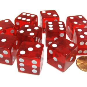 Set of 10 D6 Square Edged 19mm Dice - Transparent Red with White Pips by Koplow Games