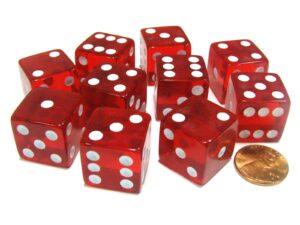 set of 10 d6 square edged 19mm dice - transparent red with white pips by koplow games